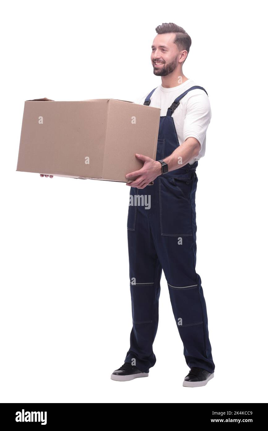 rear view. a young man with a cardboard box looking at the camera Stock ...