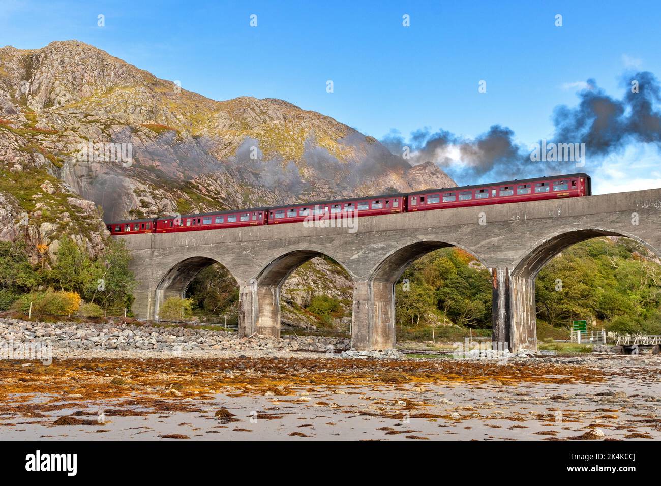 JACOBITE STEAM TRAIN THE RED COACHES ENTERING THE TUNNEL AND SMOKE OVER ...