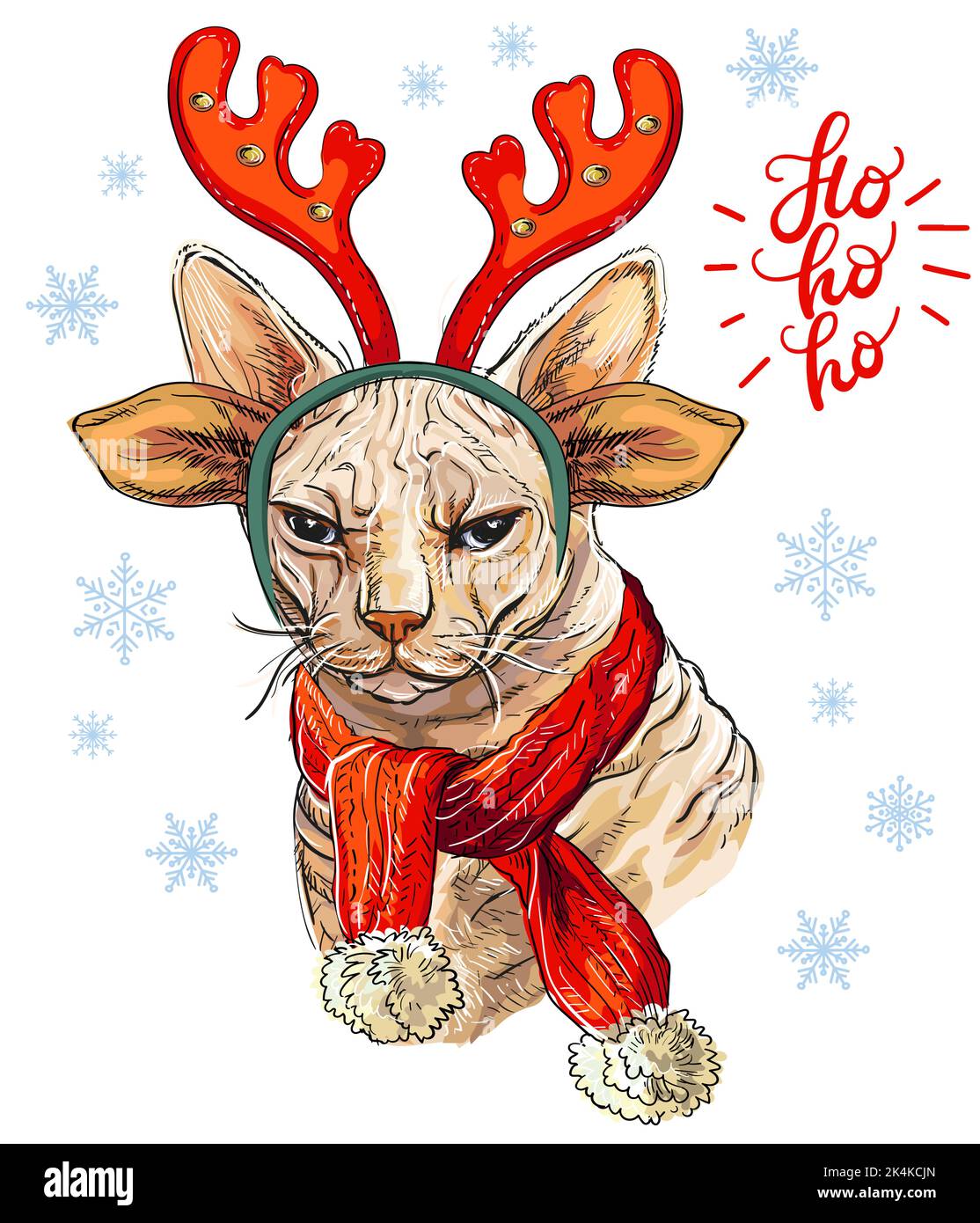 Christmas card with funny Sphynx cat with deer antlers and scarf ...