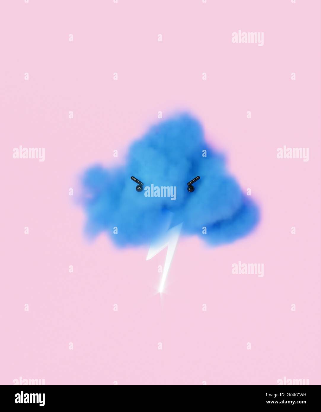 Evil blue cartoon cloud with lightning on pink background. Bad mood ...