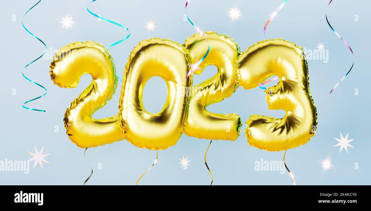 Happy New Year 2023. Foil and latex ballon numbers fly on blue ...
