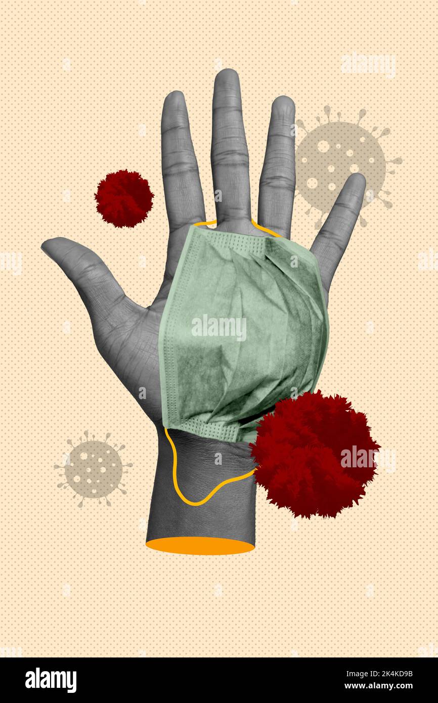 Creative abstract template collage of hand palm wear sterile disposable ...