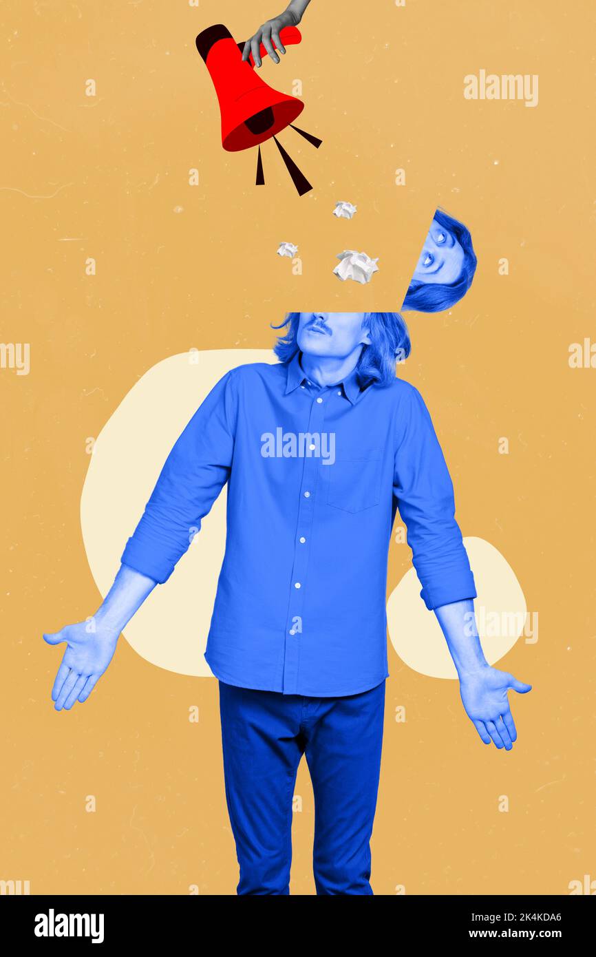 Vertical collage poster of open head black and white isolated on ...