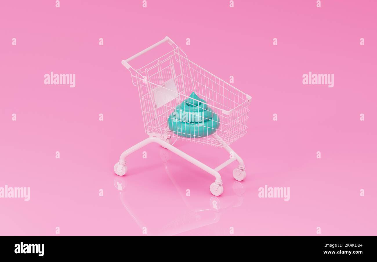 Blue cartoon poop is in shopping cart on pink background. Buying extra ...