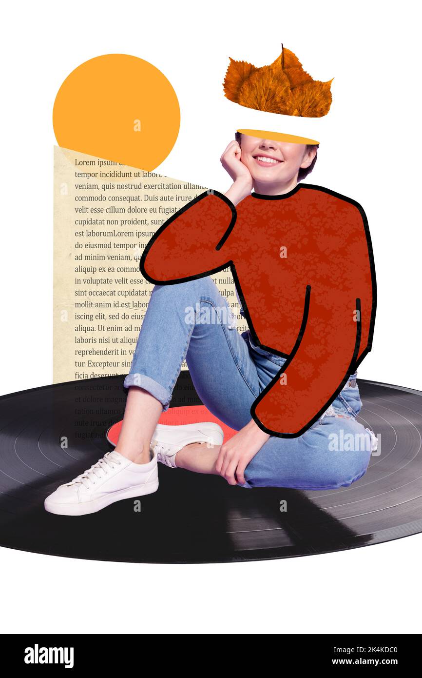 Magazine poster collage of happy lady sit turntable plate faceless have ...