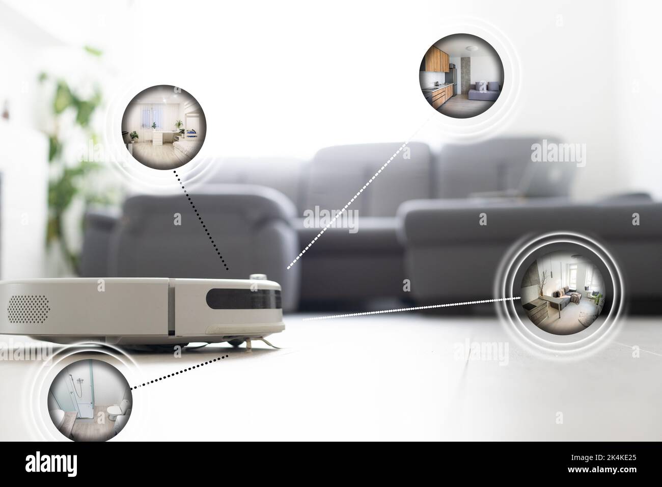 Cleaning automation robotic service. Cleaner touched smart phone robot ...