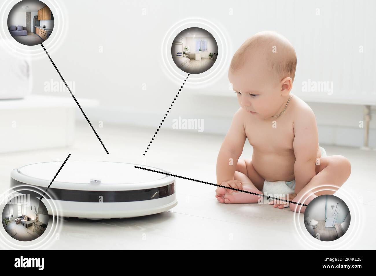 Cleaning automation robotic service. Cleaner touched smart phone robot ...