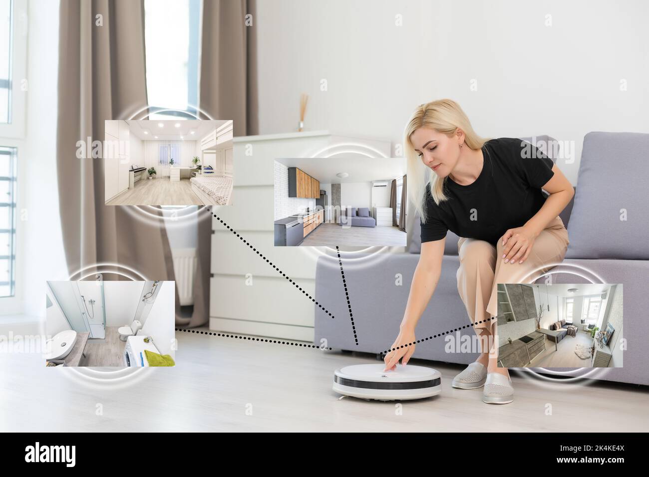 Cleaning automation robotic service. Cleaner touched smart phone robot ...