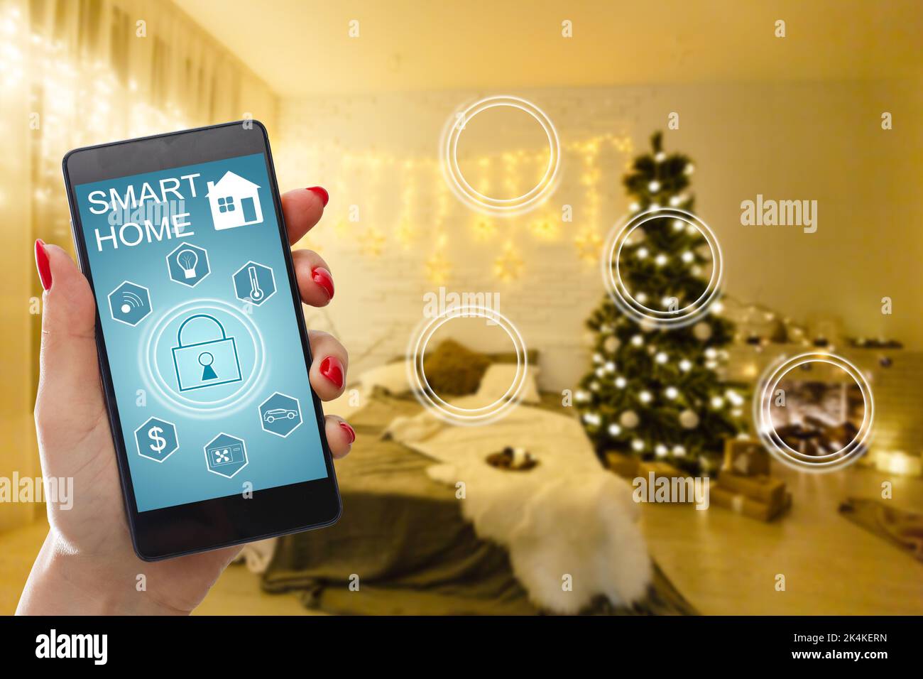 Smart home technology interface on smartphone app screen with augmented reality (AR) view of ...