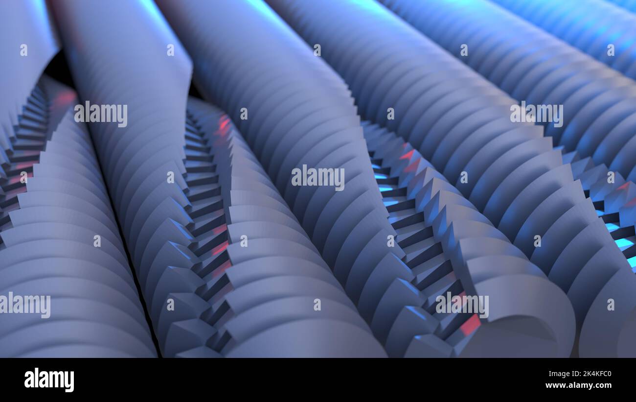 3D rendering of sequence of long, mechanical-like things with bright ...