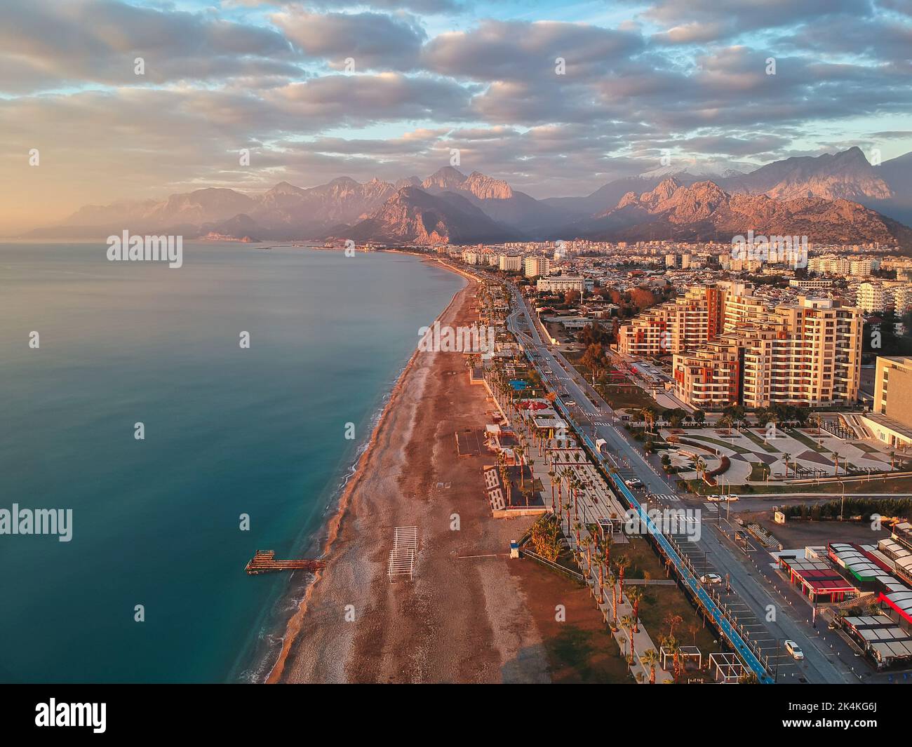 Aerial view on Antalya Beach and Taurus Mountains as sunrise. Antalya ...