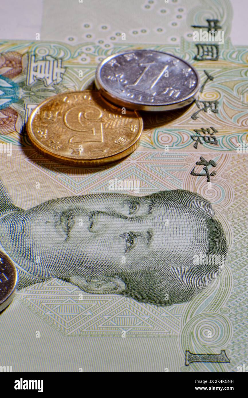 Chinese yuan money, coins and banknotes close-up. Money with a portrait ...
