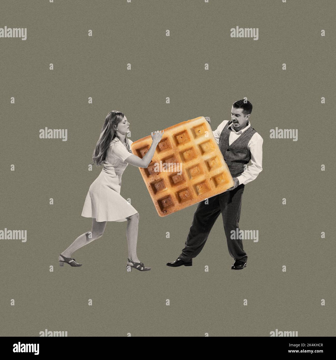 Contemporary art collage. Young man and woman, couple, fighting for ...