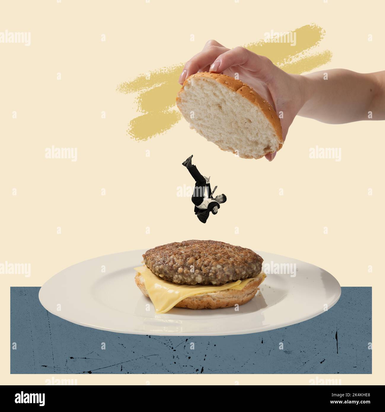 Contemporary art collage. Man, businessman falling down on delicious ...