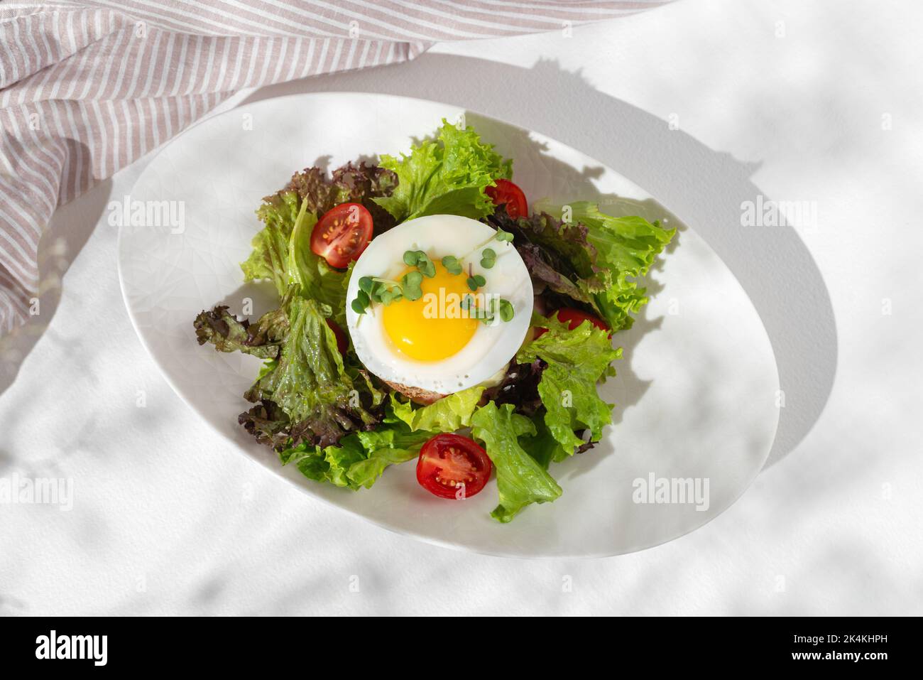 Croque madam sandwich with cheese, ham and egg on a plate on a light ...