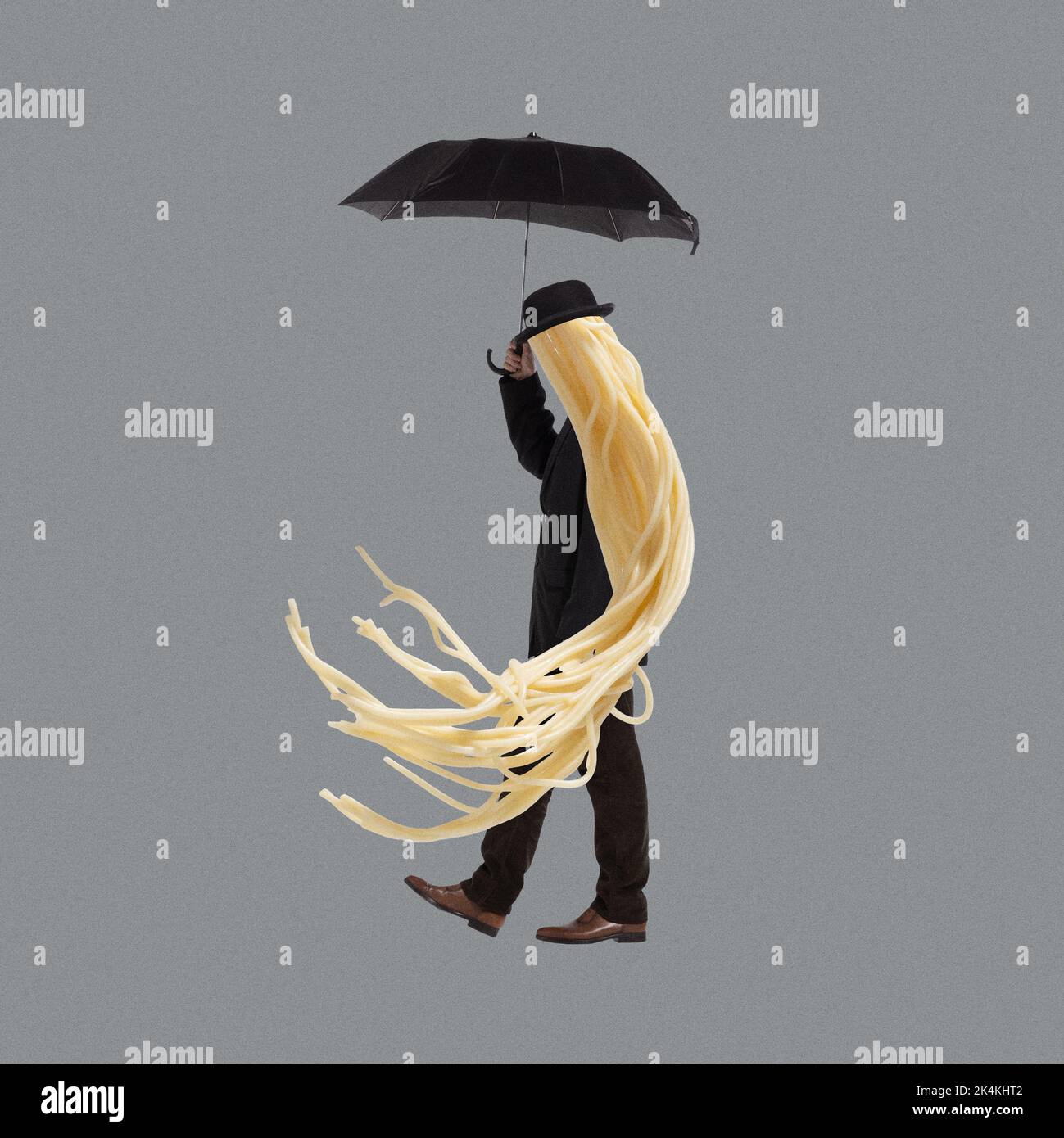 Contemporary art collage. Man in a suit with long noodles hair walking ...