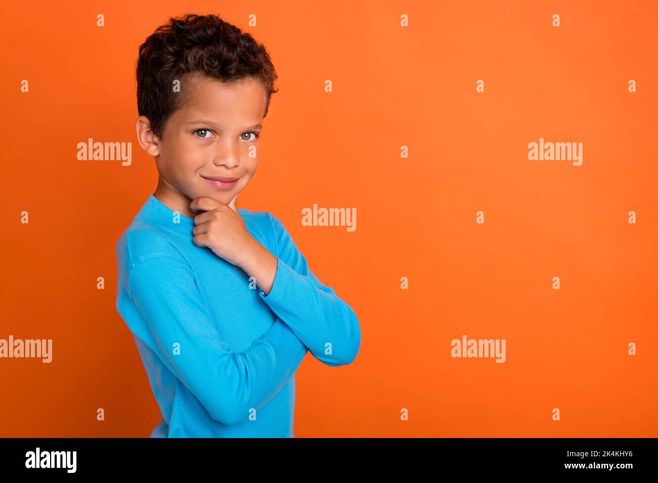 Photo of pretty nice boy consider make decision choice choose wear ...