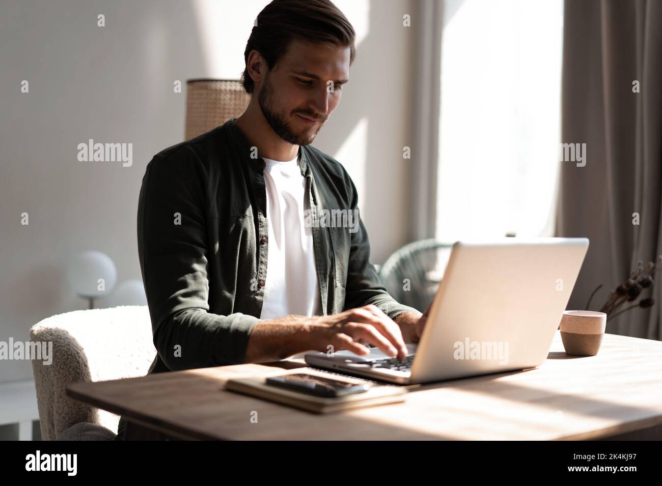 Male remote working from home and having work confrence video call ...