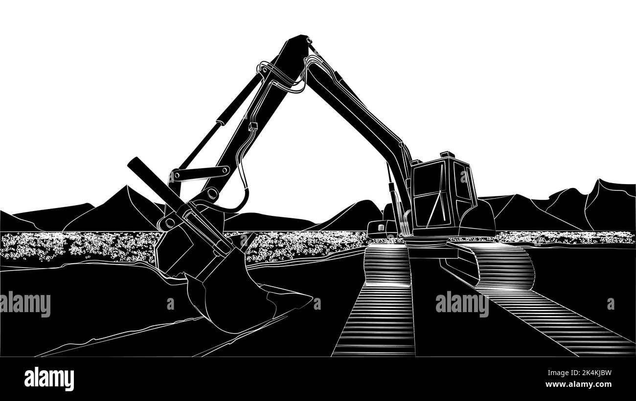 Excavator silhouette on field with flowers and mountains behind ...