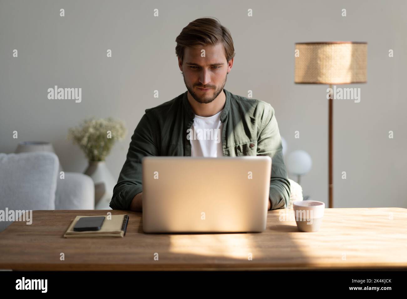 Male remote working from home and having work confrence video call ...