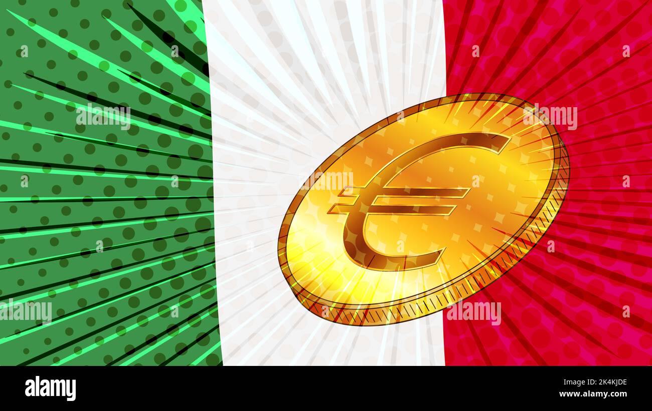 Italy flag and Golden coin with sign currency Euro EUR. CBDC concept ...