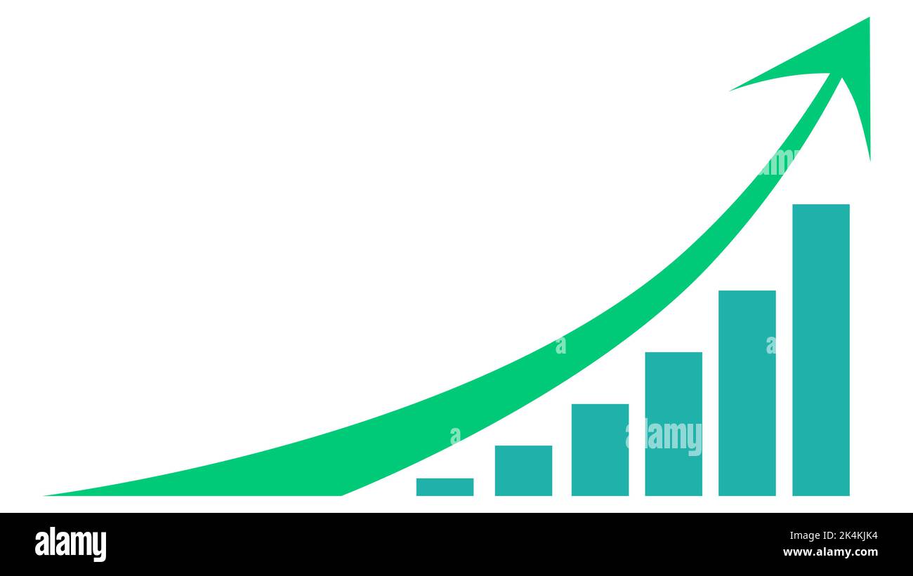 Chart and upward arrow front view in green color isolated on white ...