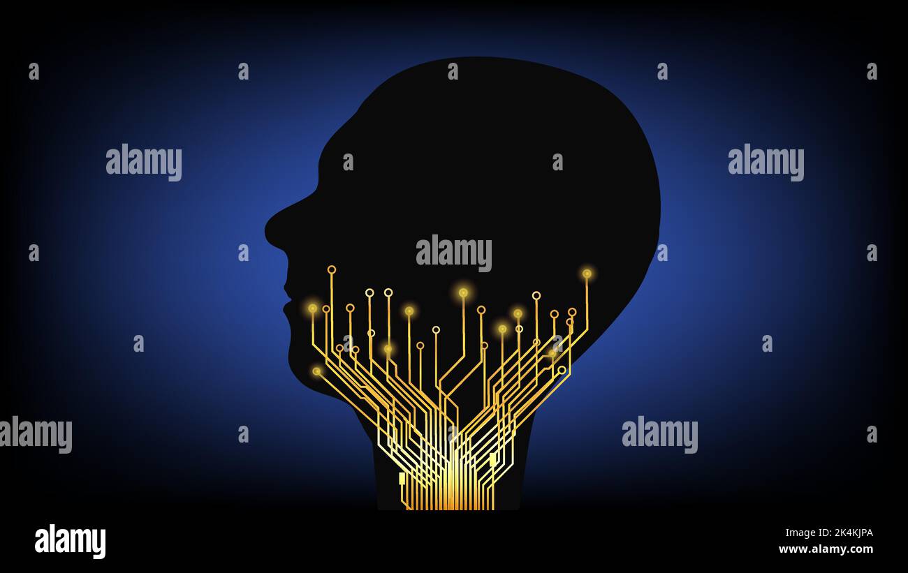 Silhouette of human head in profile with circuit board tracks going up ...