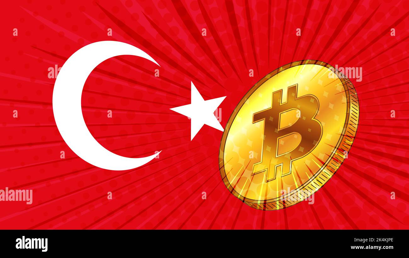 Gold coin of Bitcoin BTC and colored flag of Turkey on background ...