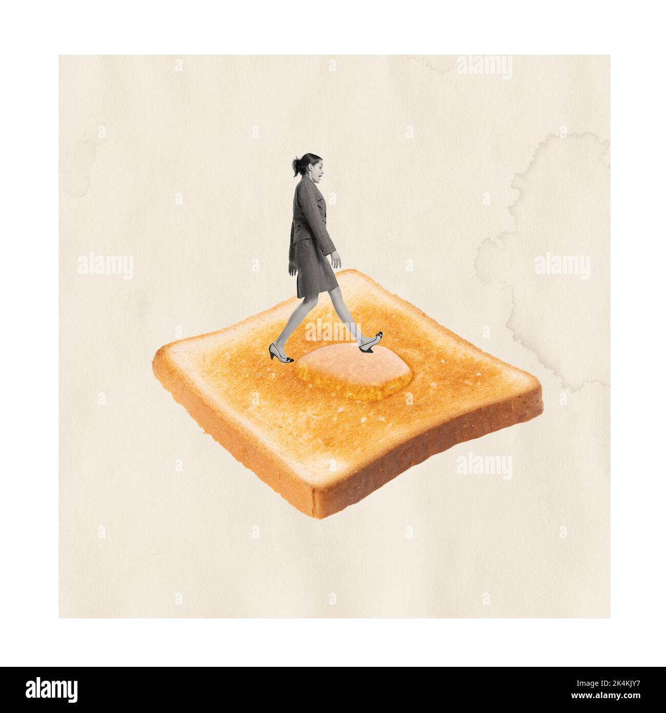 Contemporary art collage. Young woman walking on bread with melted ...