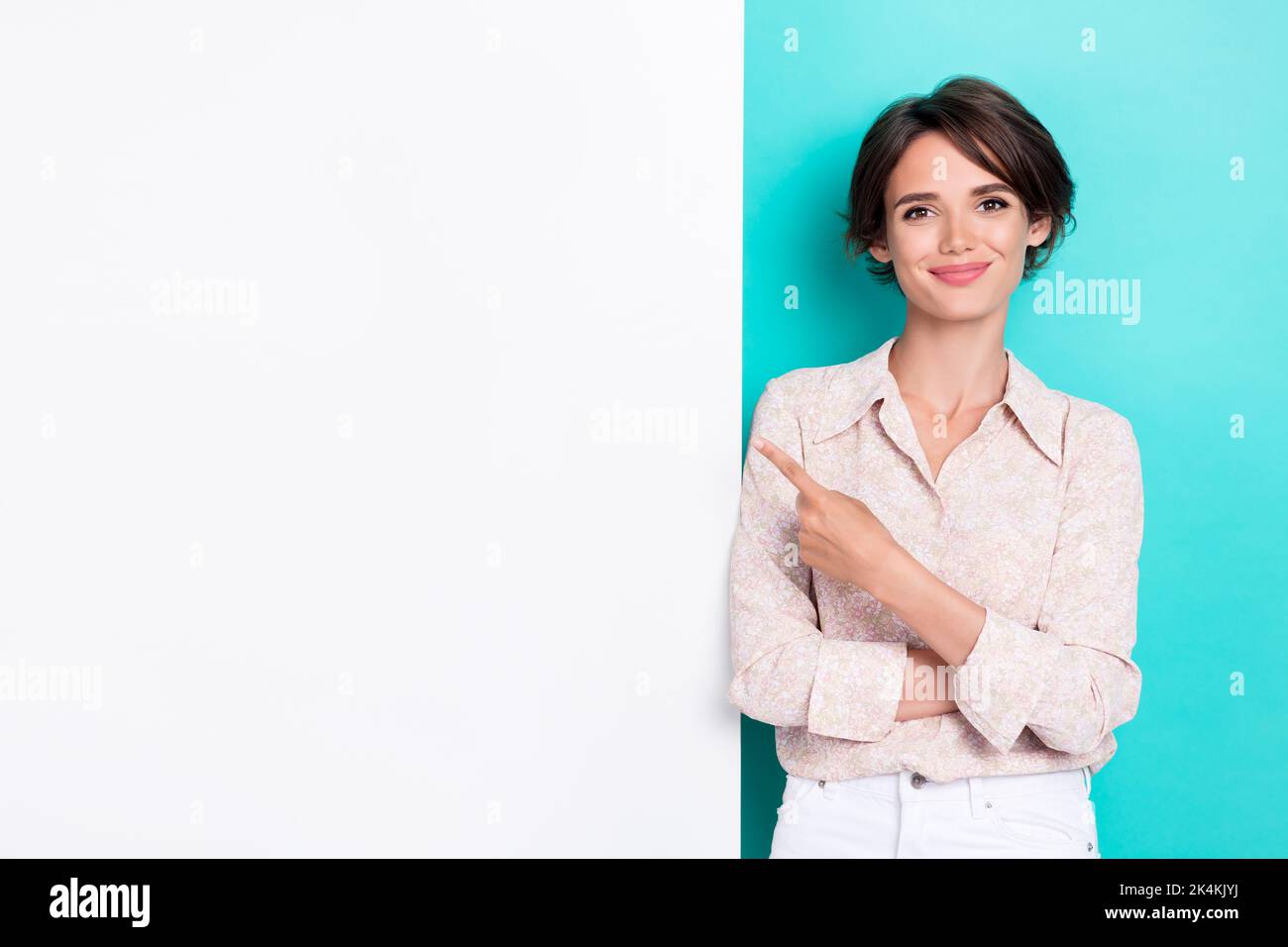 Photo of nice bob hairdo lady index promo wear white shirt jeans ...