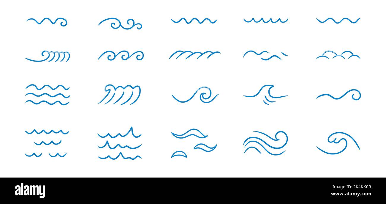 Wave sea line doodle icon set. Hand drawn sketch water wave outline ...
