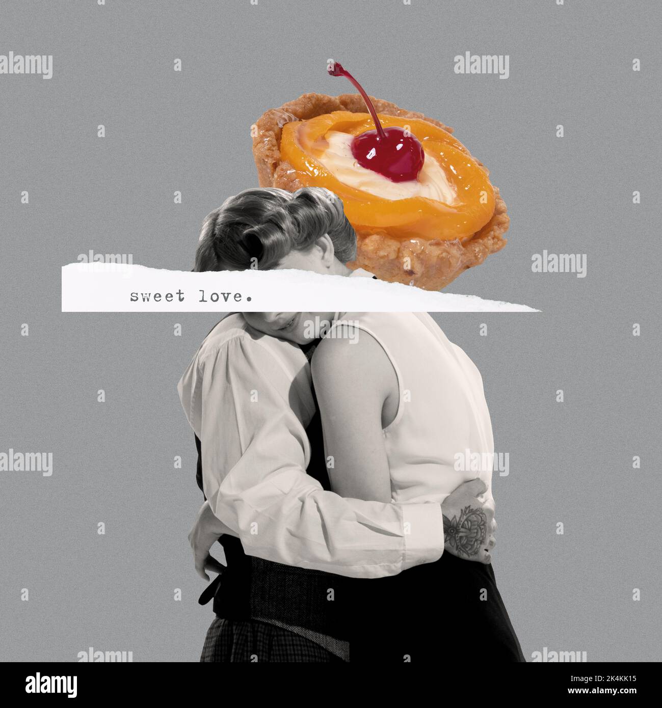 Contemporary art collage. Conceptual image with young woman hugging man ...