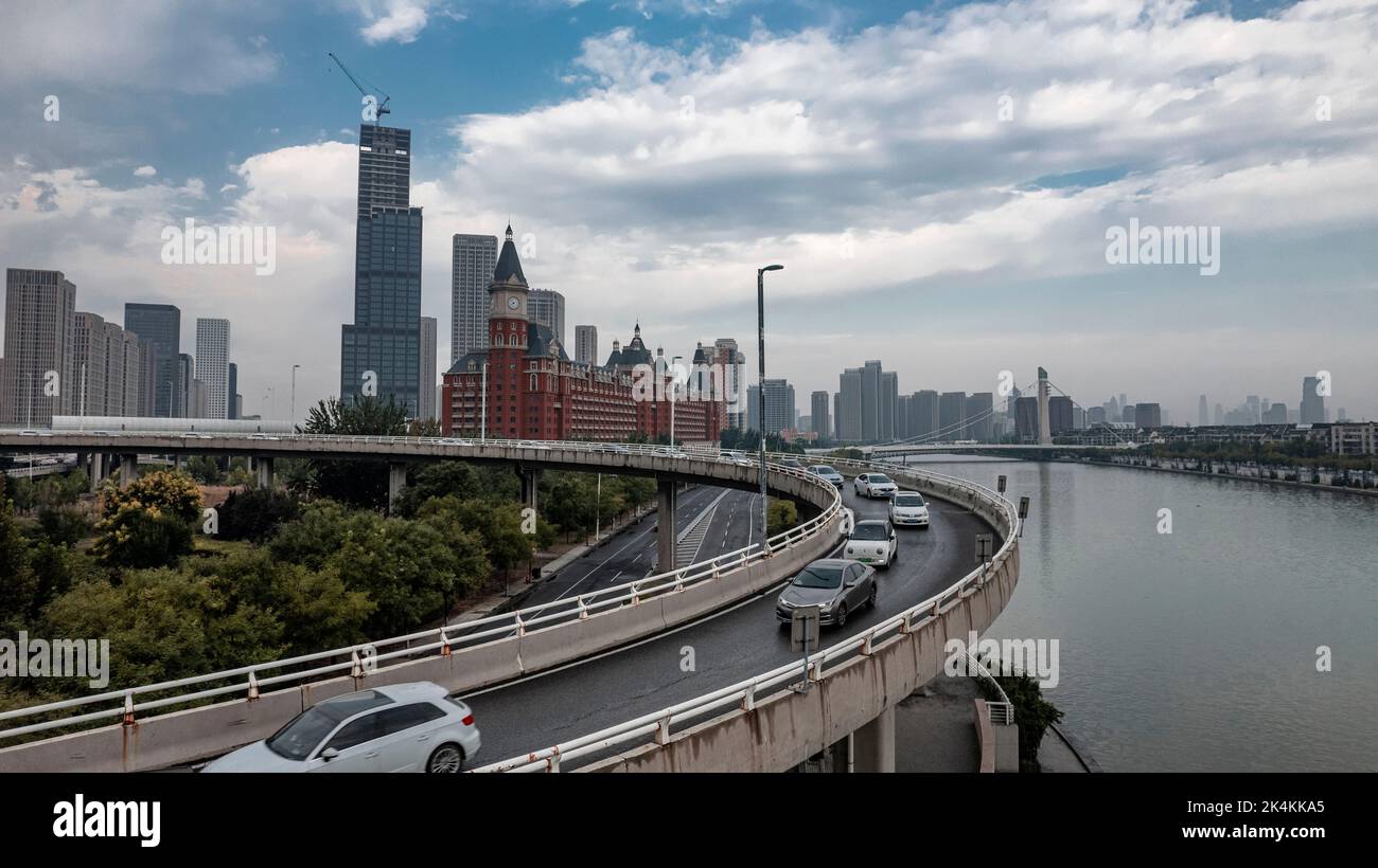 Aerial photos of Haijin Bridge and Fumin Bridge along the Haihe River ...