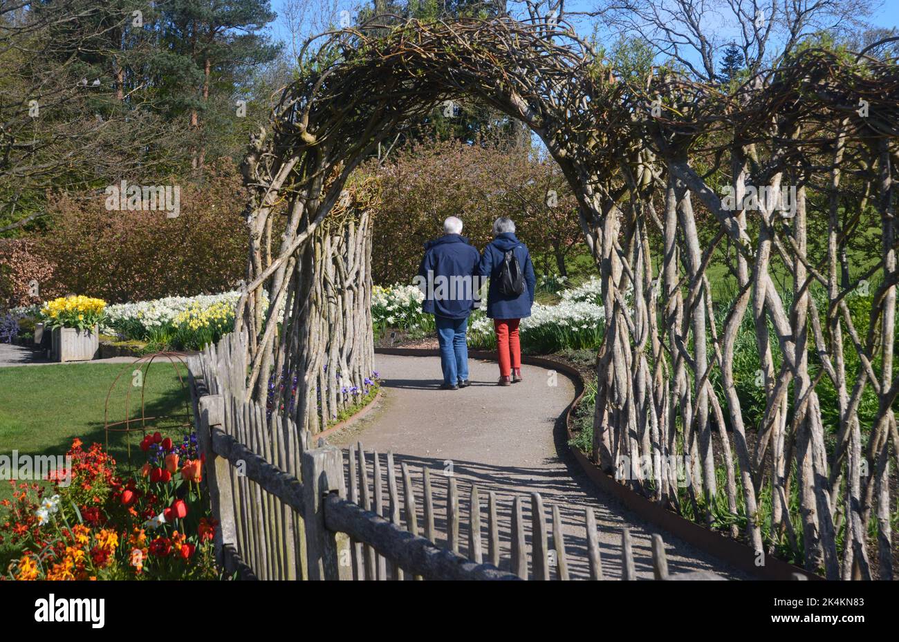 Couple Walking Arm in Arm on Path by Wicker Arch and Flower Borders at ...
