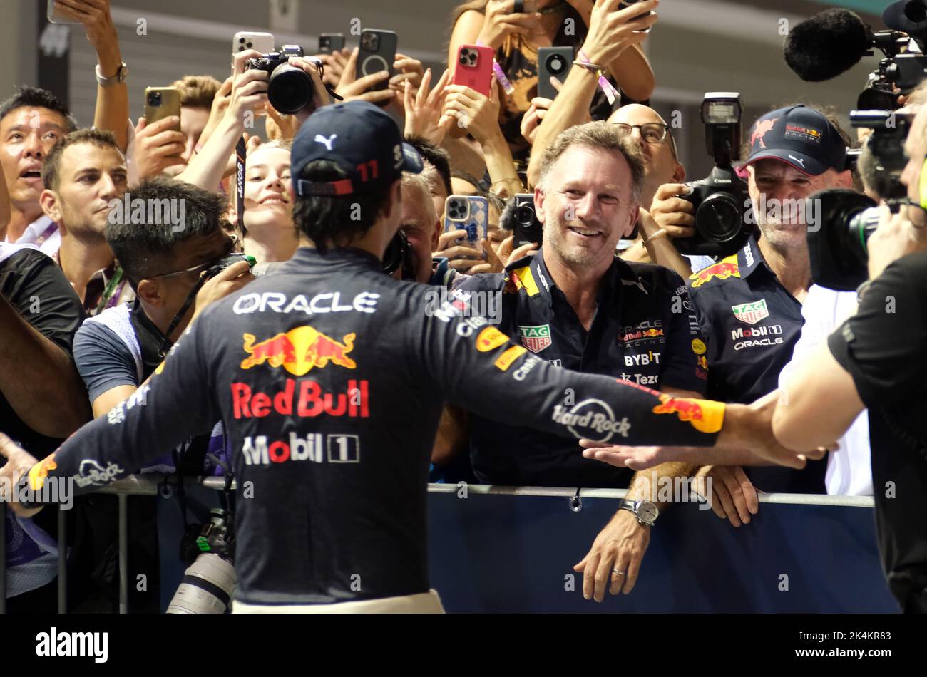 SINGAPORE, Singapore street circuit, 02. OCTOBER 2022: Sergio Perez after the victory with ...