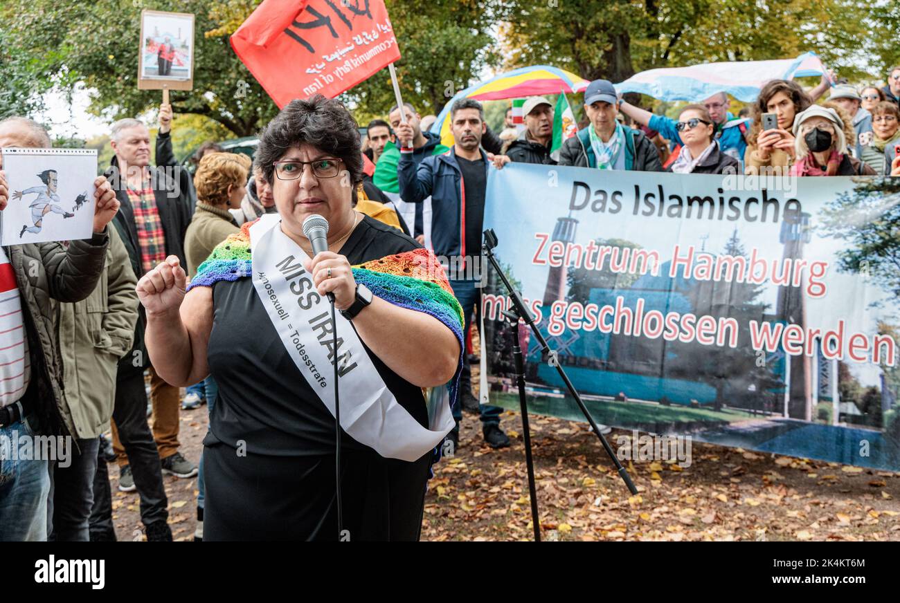 Hamburg, Germany. 03rd Oct, 2022. An Iranian queer activist speaks in ...