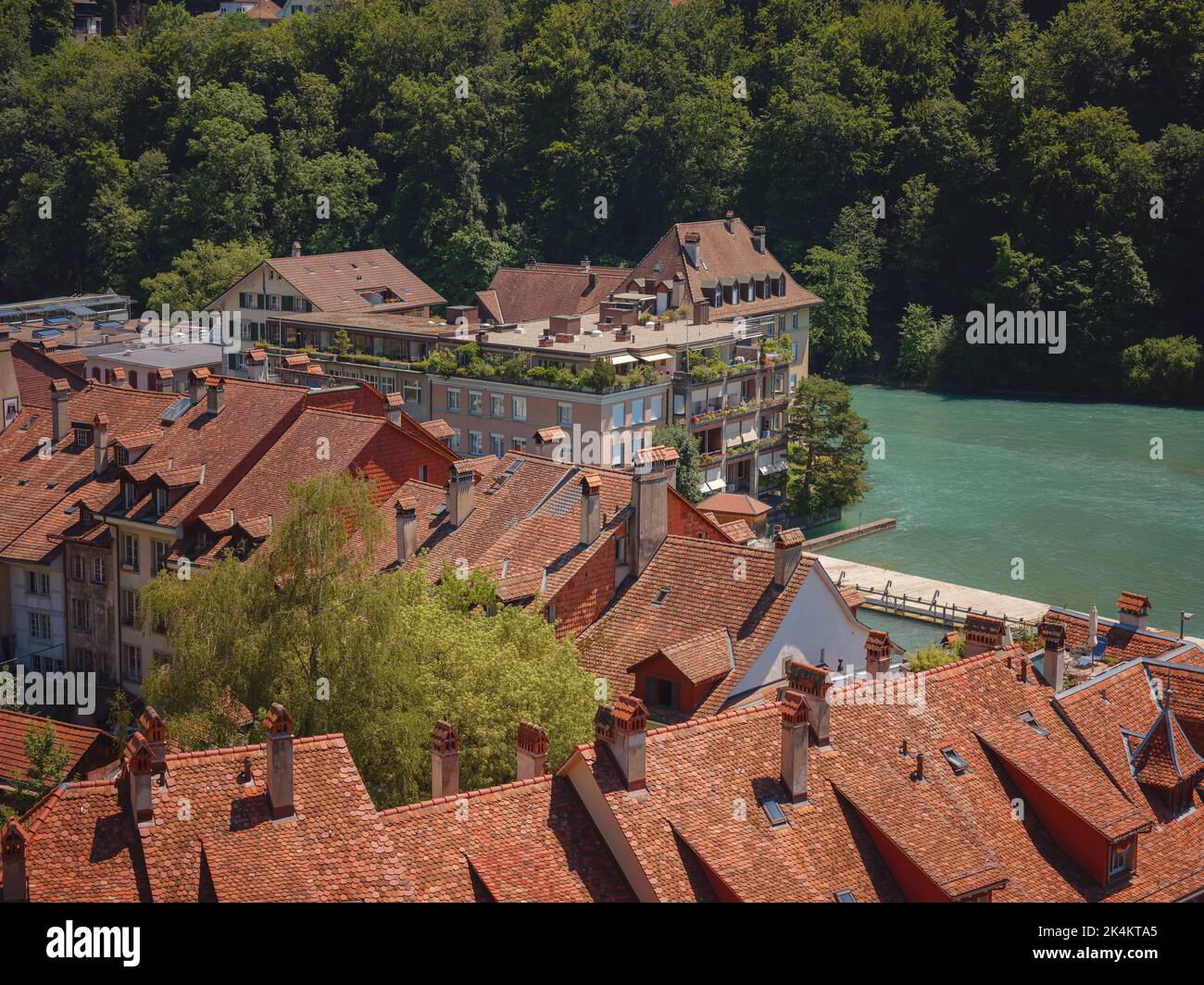 travel to Bern, Switzerland in summer. View of the river Aare. The old ...