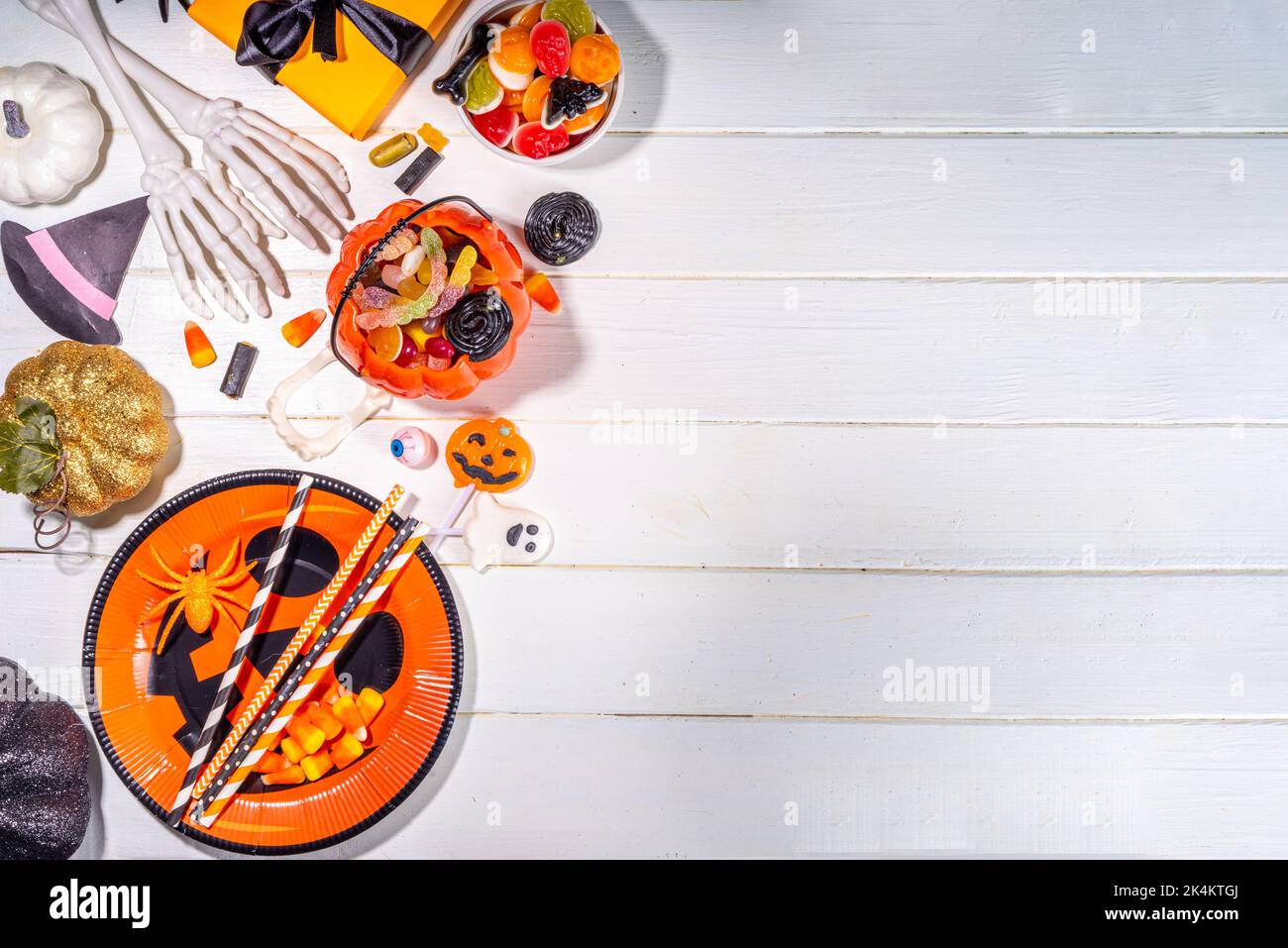 Halloween sweets and snacks table. Set of Halloween dinner party foods ...