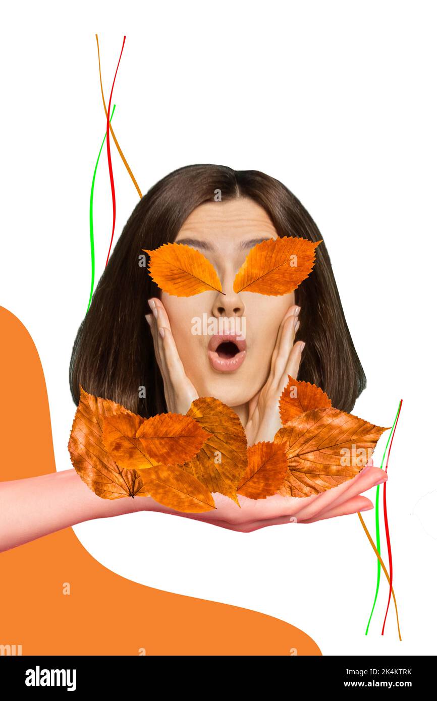 Pop banner collage of freak lady head showing by human hand golden ...