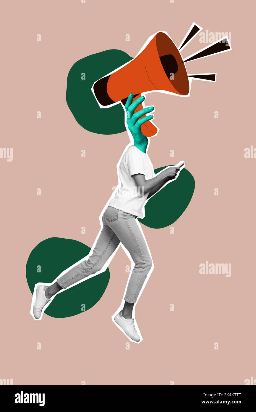 Poster collage of weird person with bullhorn face use gadget announce ...