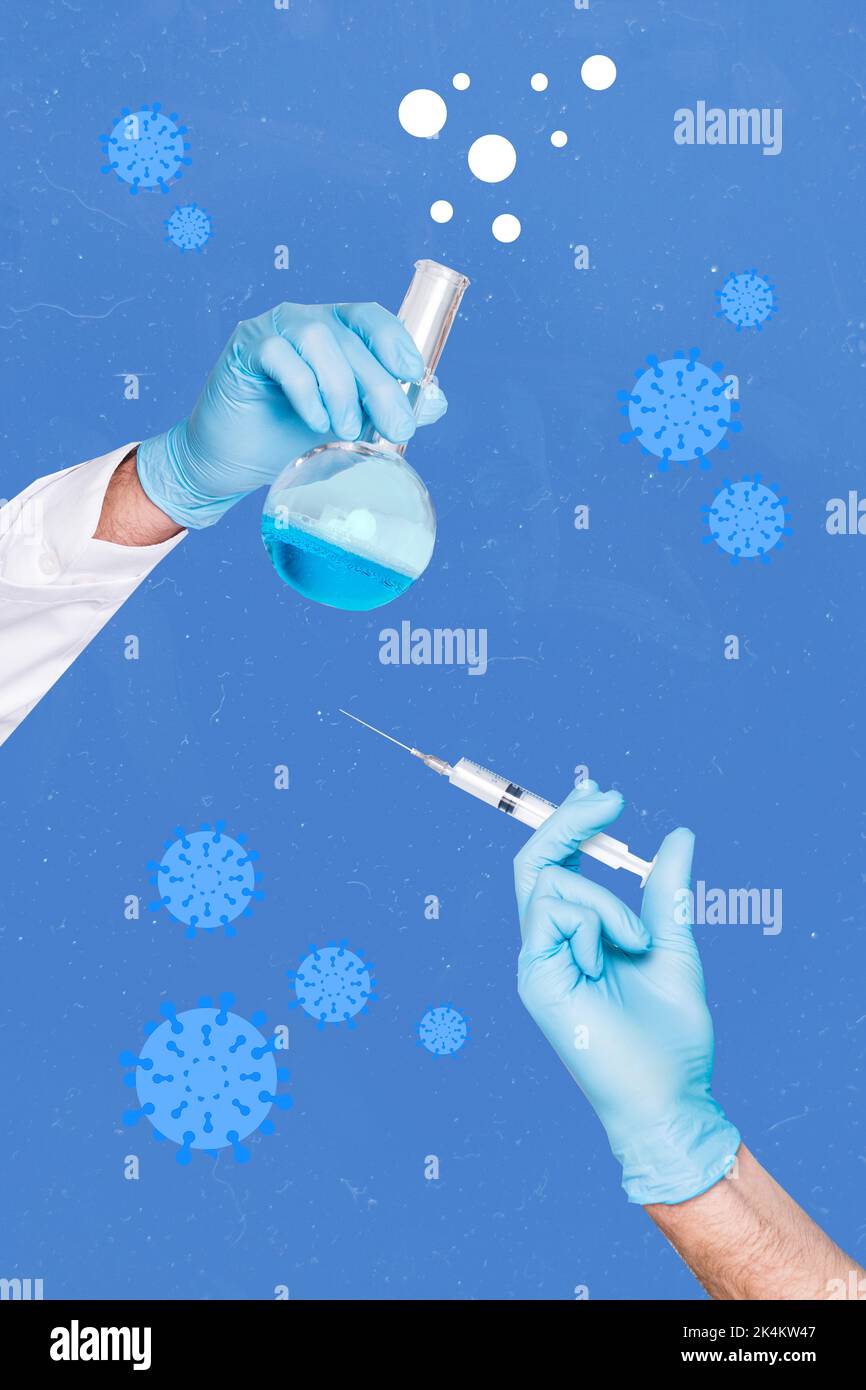 Vertical Creative Collage Image Of Doctor Laboratory Assistant Hands