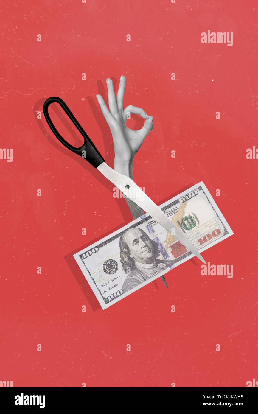 Artwork magazine picture of okey hand scissors cutting dollar cash ...