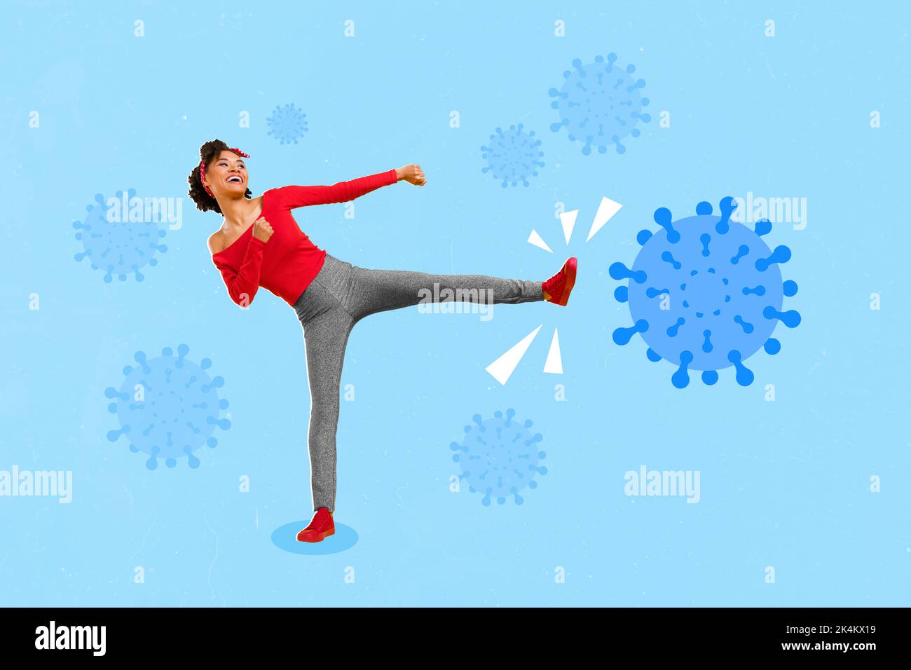 Creative drawing collage picture of funny strong woman leg kick ...