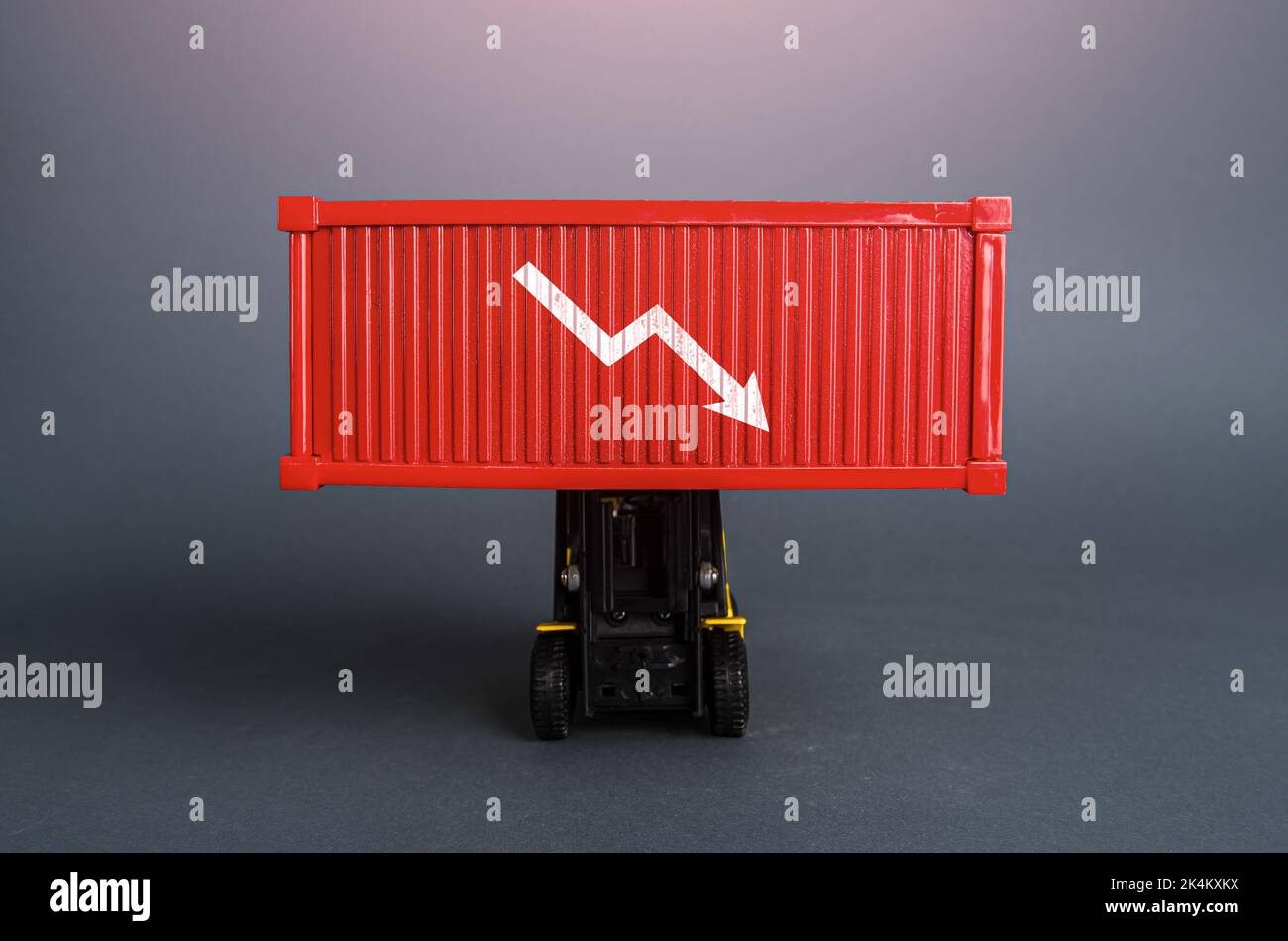 Red shipping container with down arrow. Decrease in imports and exports ...