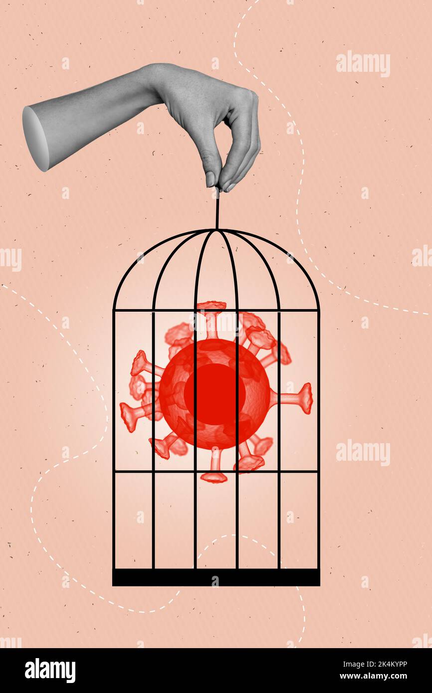 Vertical creative collage image of hand holding cage catch virus ...