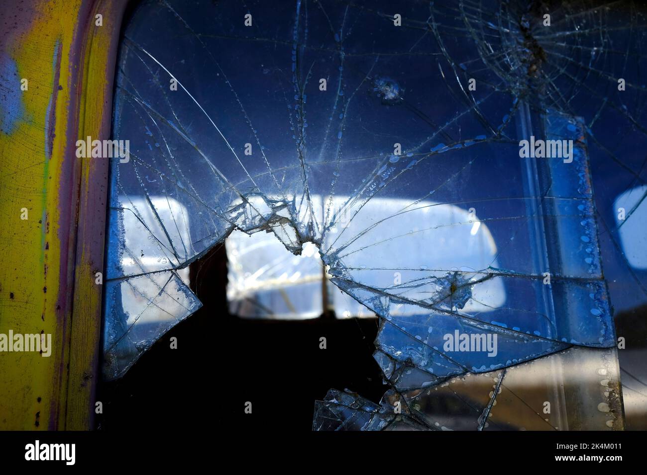 Broken glass window on old vehicle abandoned and damaged texture Stock ...