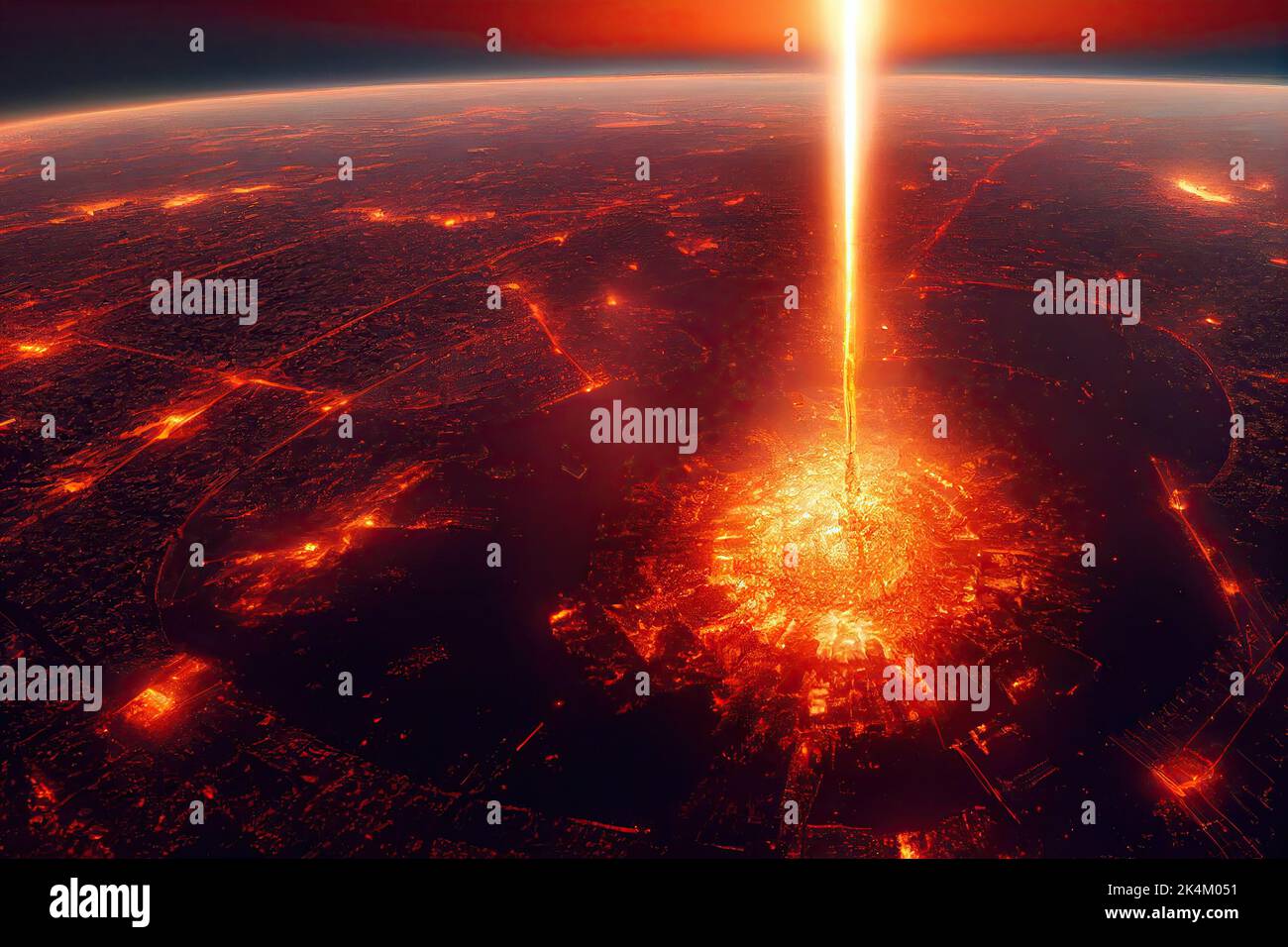 Satellite view of a nuclear explosion fire mushroom on a big capital ...