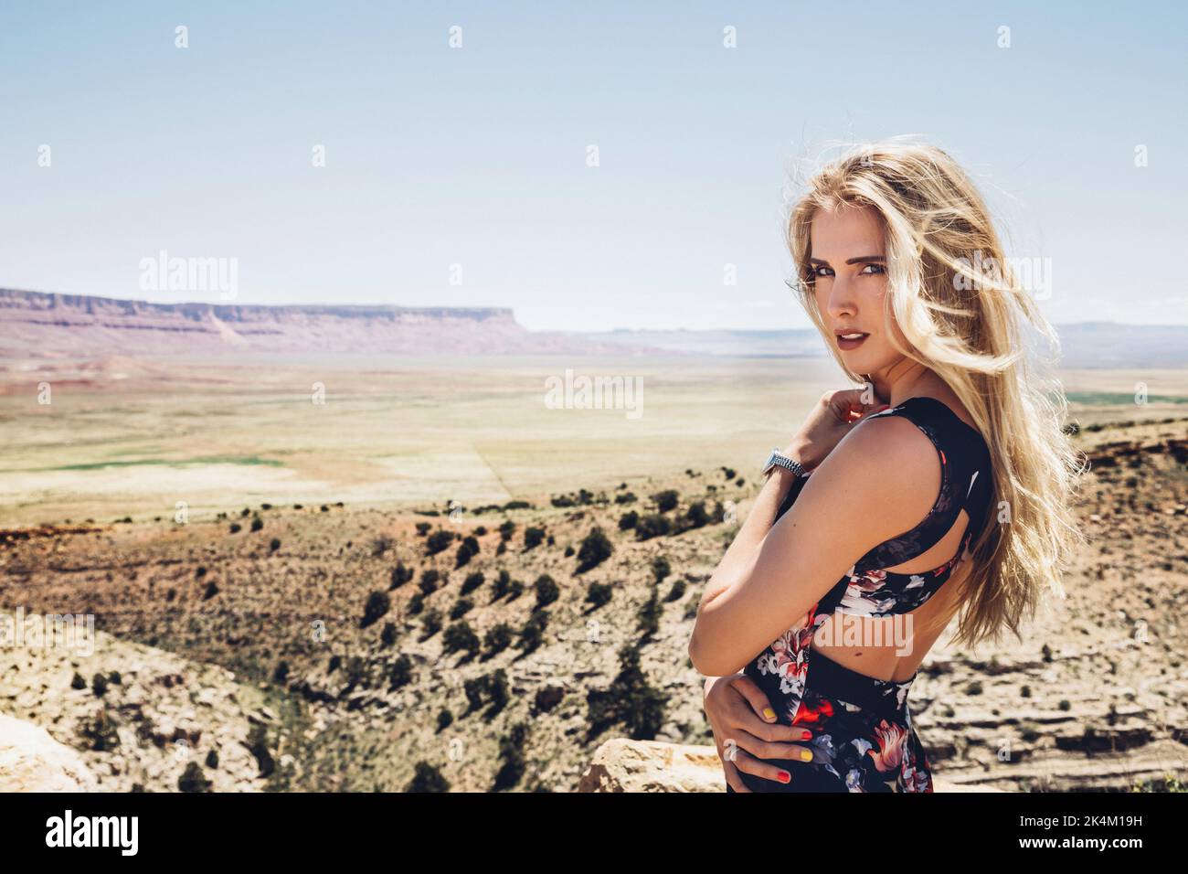 Portrait of pretty blonde female with long hair in desert landscape ...