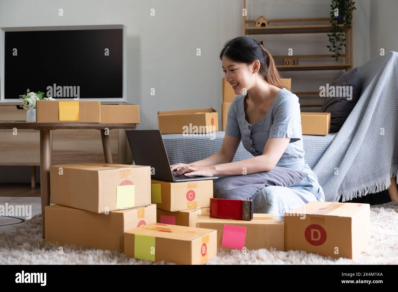 Start up small business, SME female owner checking order online to ...