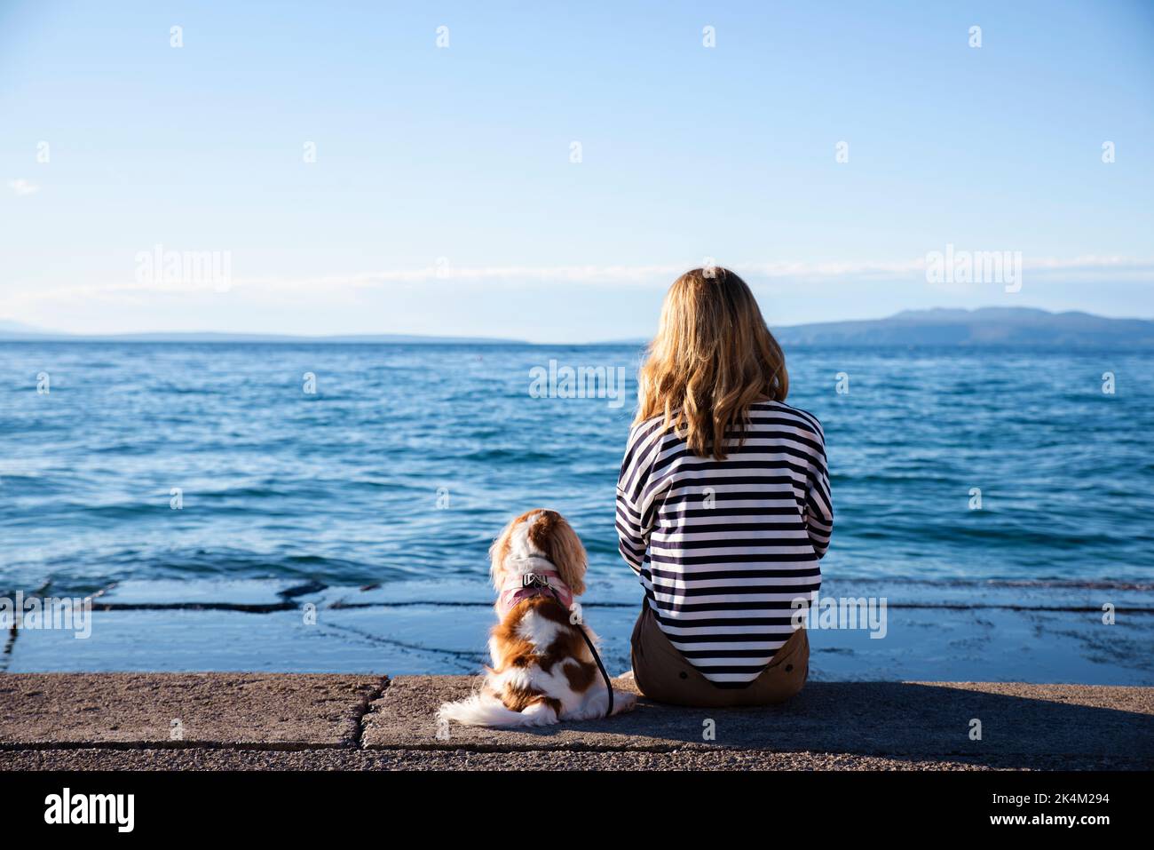 Rear view shot of a woman wearing striped sweater while sitting with ...